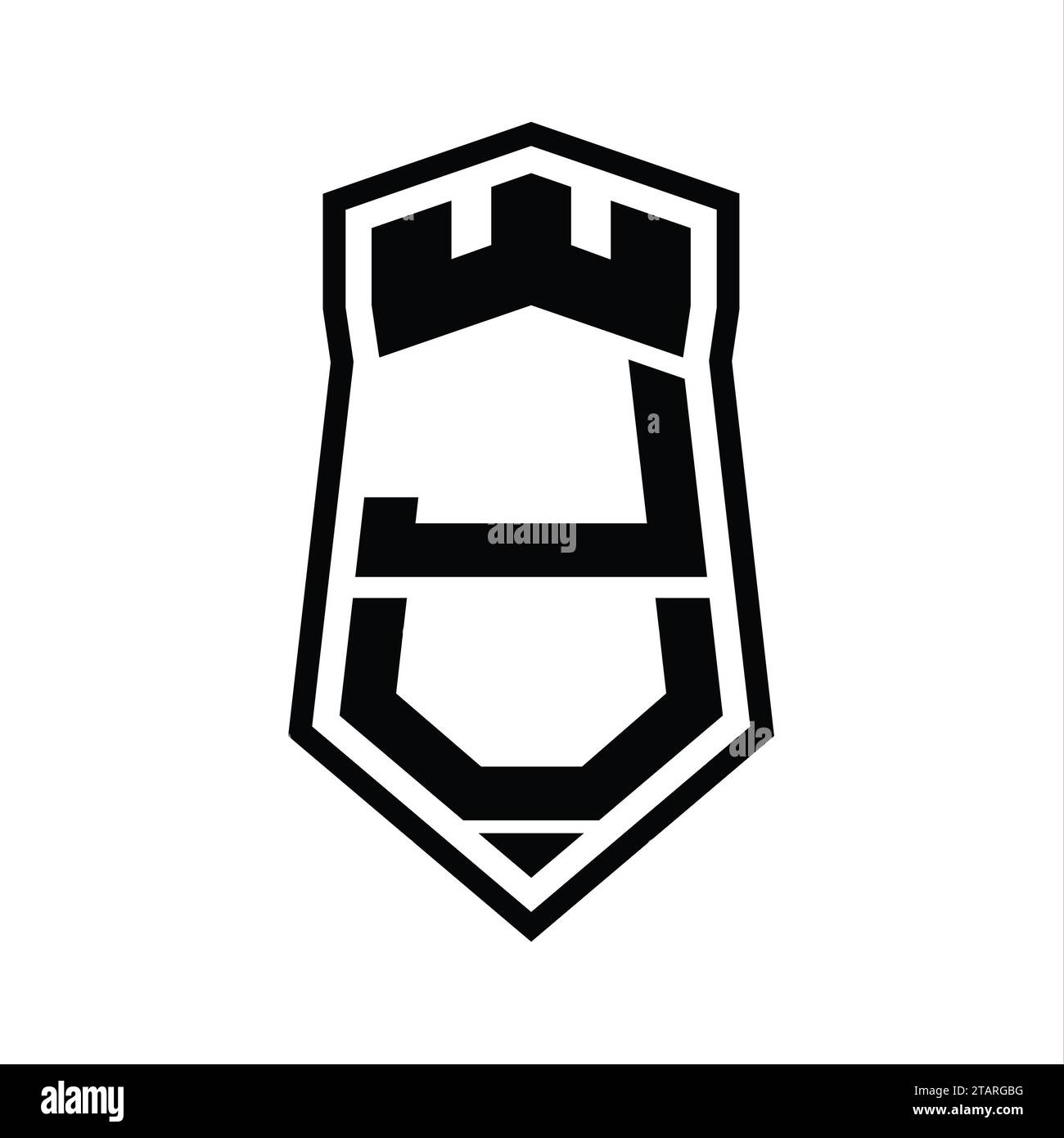 JU Letter Logo monogram hexagon shield shape up and down with crown castle isolated style design ...