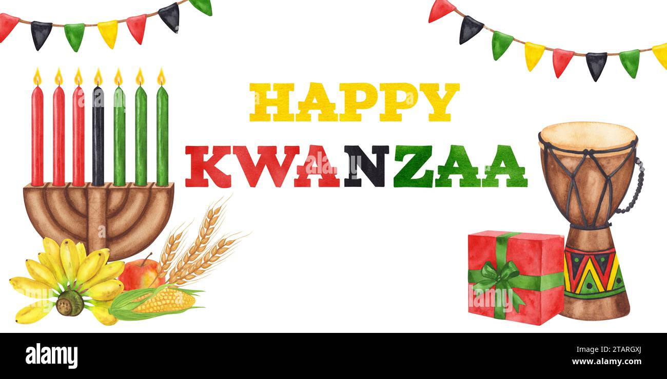 Banner Kwanzaa. African-American holiday. Kinara, seven burning candles ...