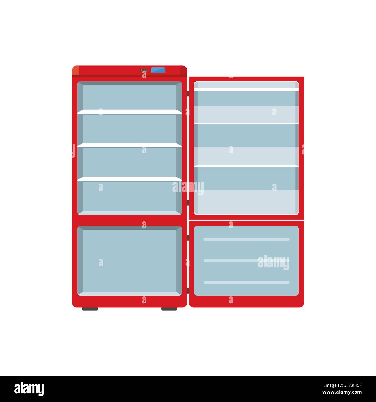 Red household appliances fridge open isolated on white background. Electronic device ...
