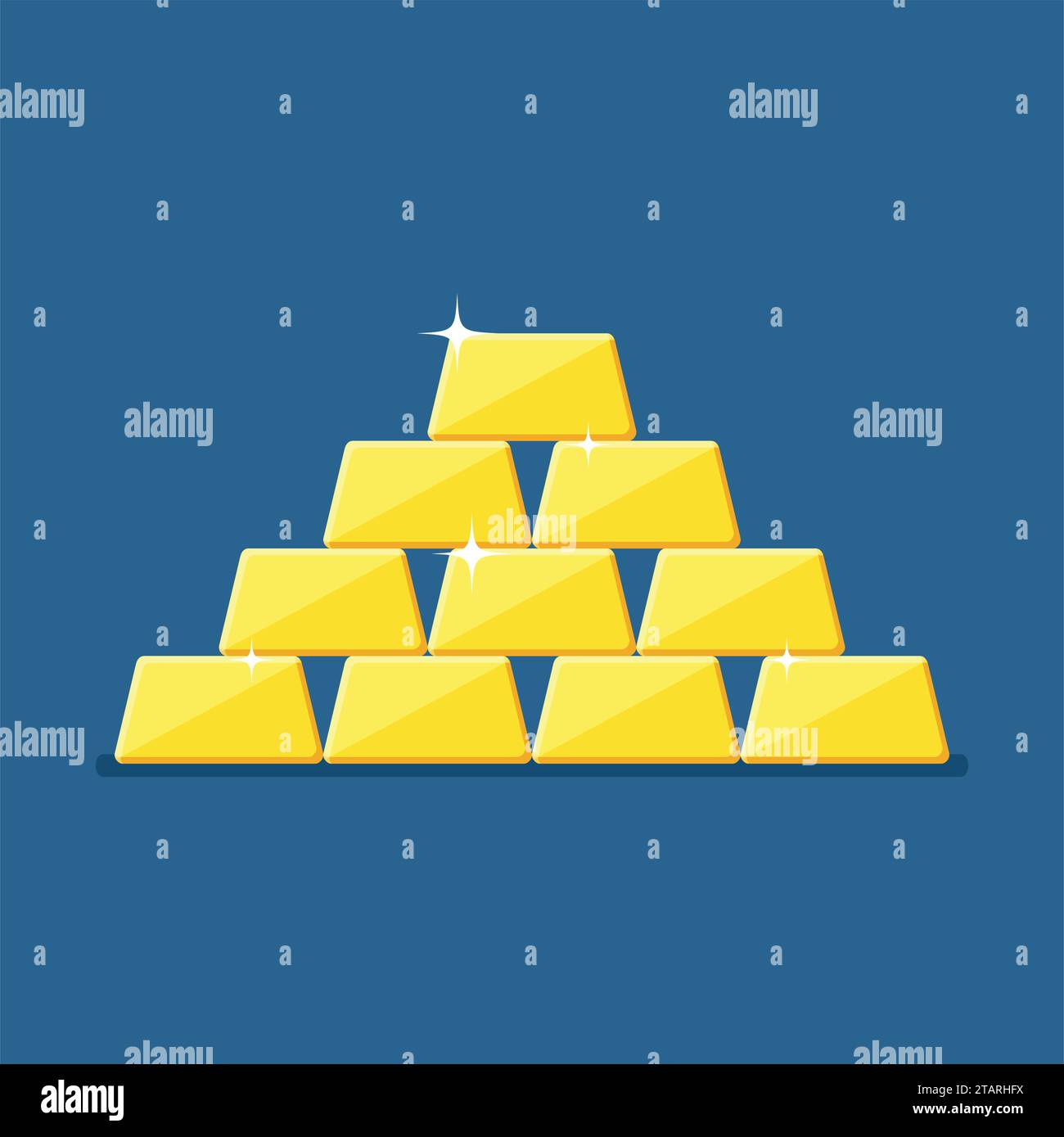 Golden bars pyramid isolated on blue background. Gold bar in flat style. Vector illustration ...