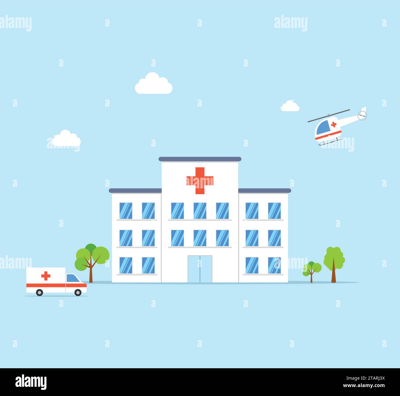 City Hospital building with ambulance and helicopter in flat design on ...