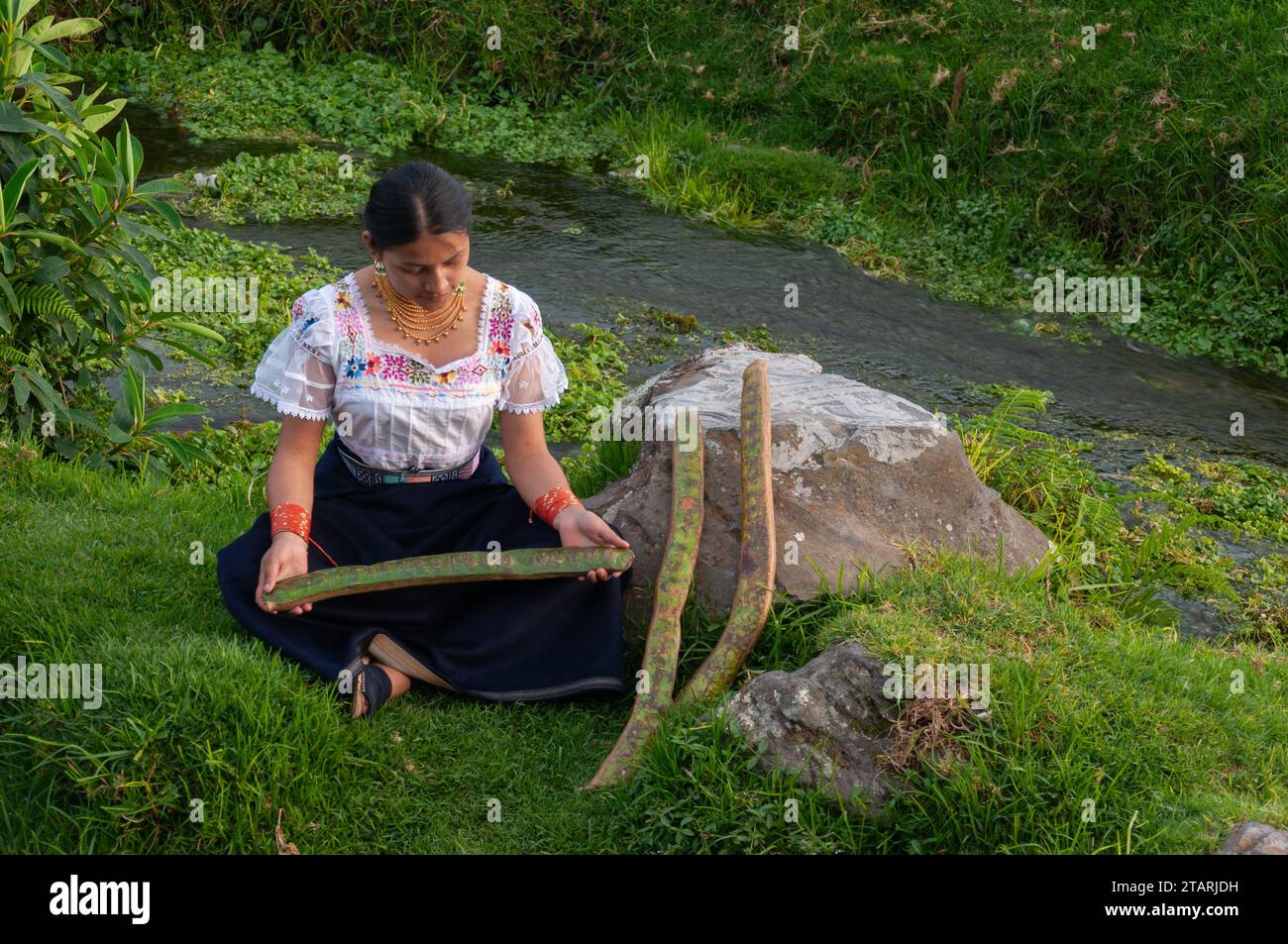 indigenous girl in the jungle of Ecuador next to a river looking at one ...