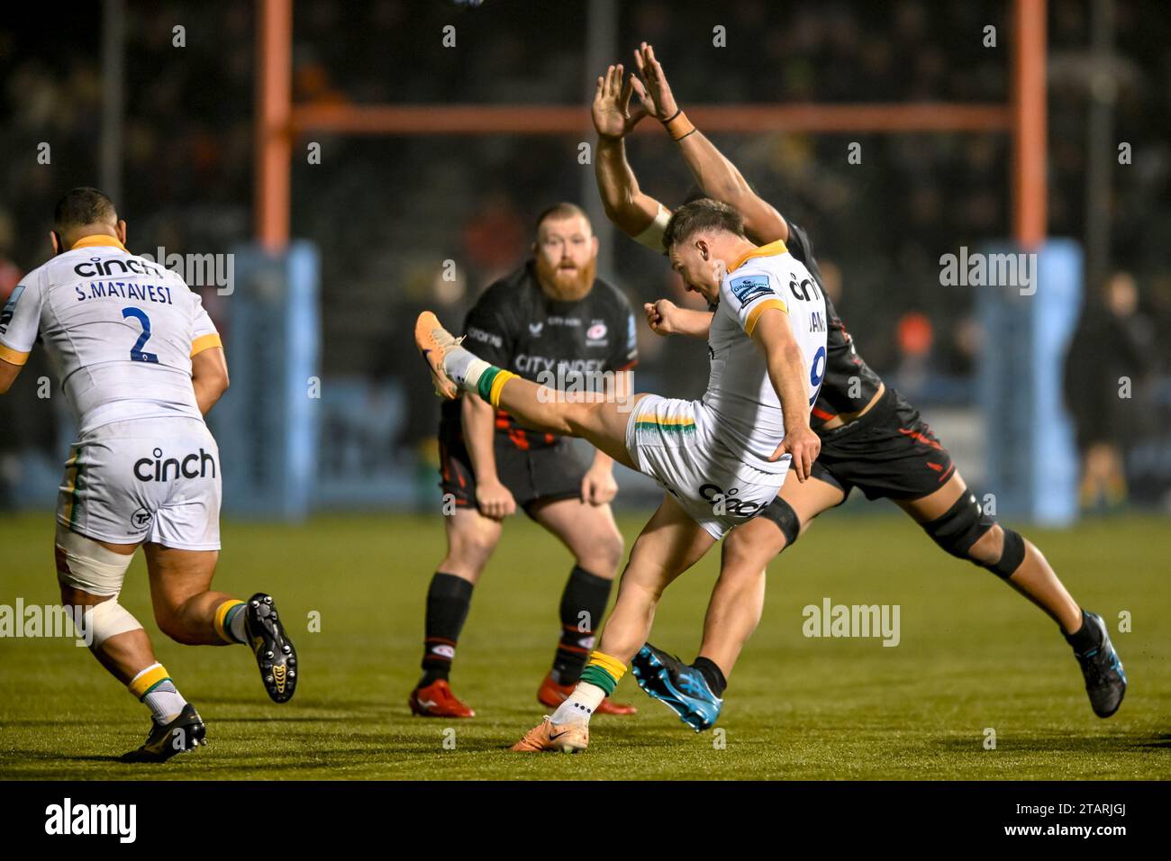 Tom James of Northampton Saints kicks clear during the Gallagher ...