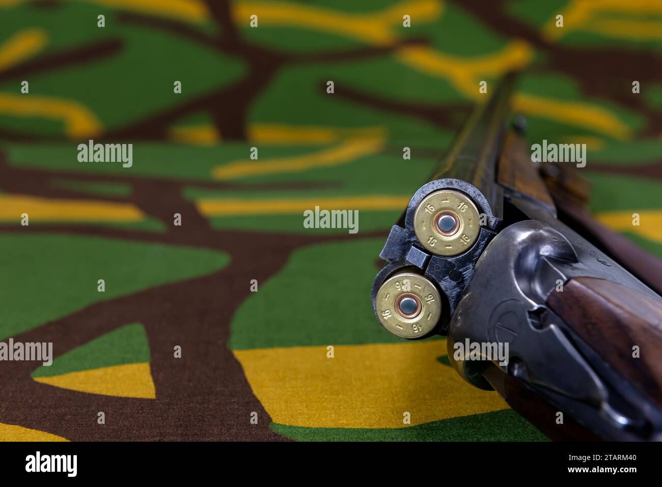 Opened hunting rifle with cartridges on a camouflage background with ...