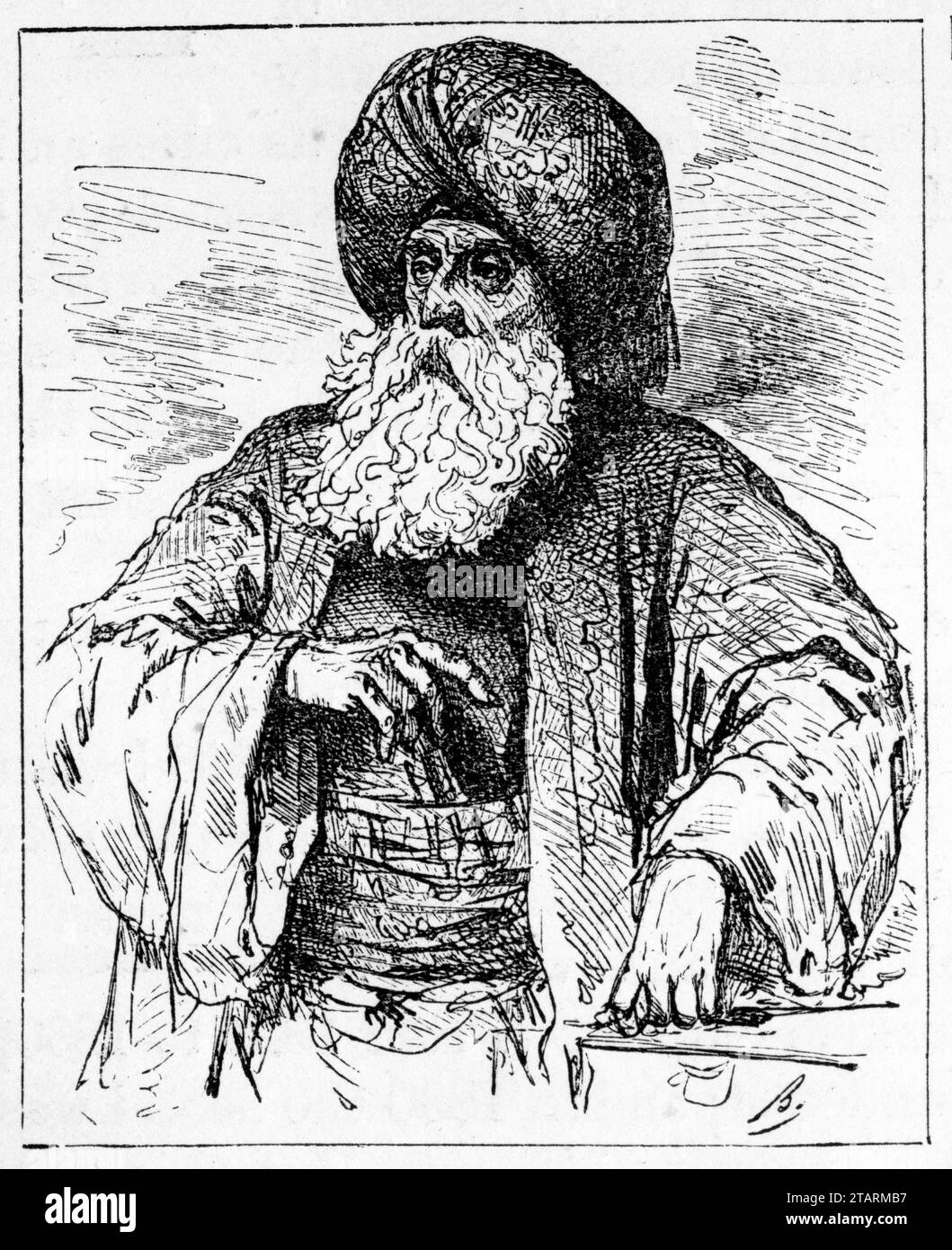 Engraved portrait of an elderly Turkish man in traditional costumes ...