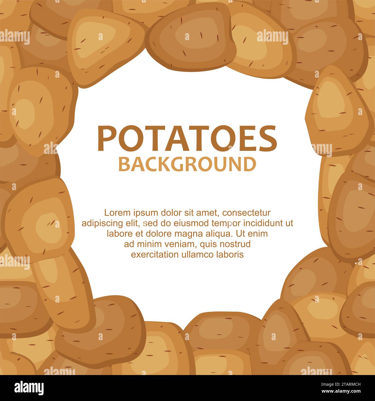 Round frame template with vector potatoes. Farm vegetable poster. Brown ...