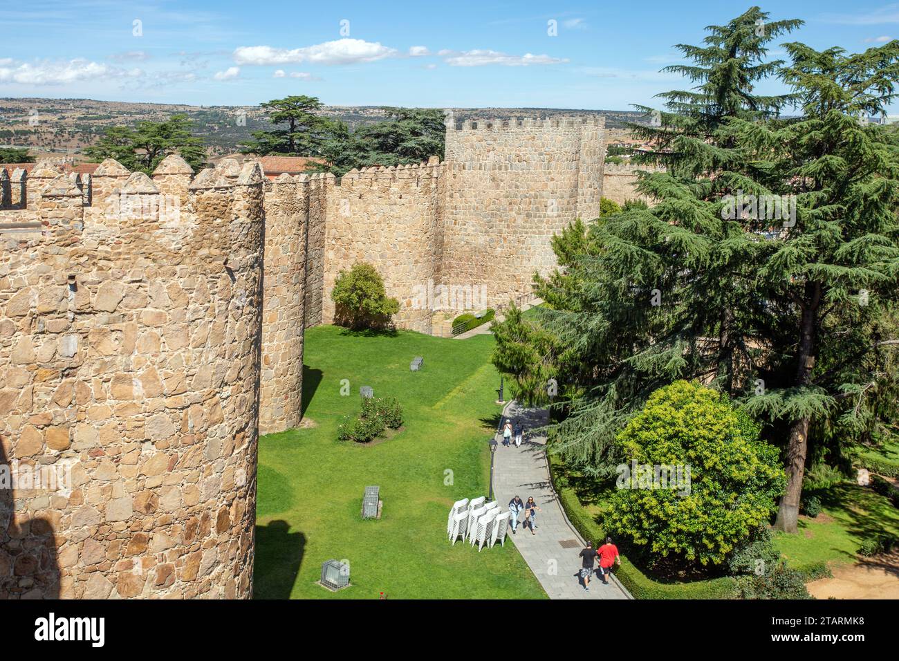 View from the ramparts in the medieval Spanish walled city of Aliva ...