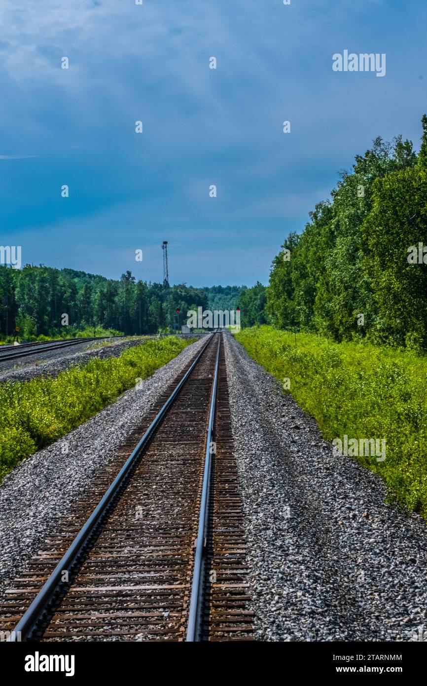 Moving along railroad tracks through Alaska frontier Stock Photo - Alamy