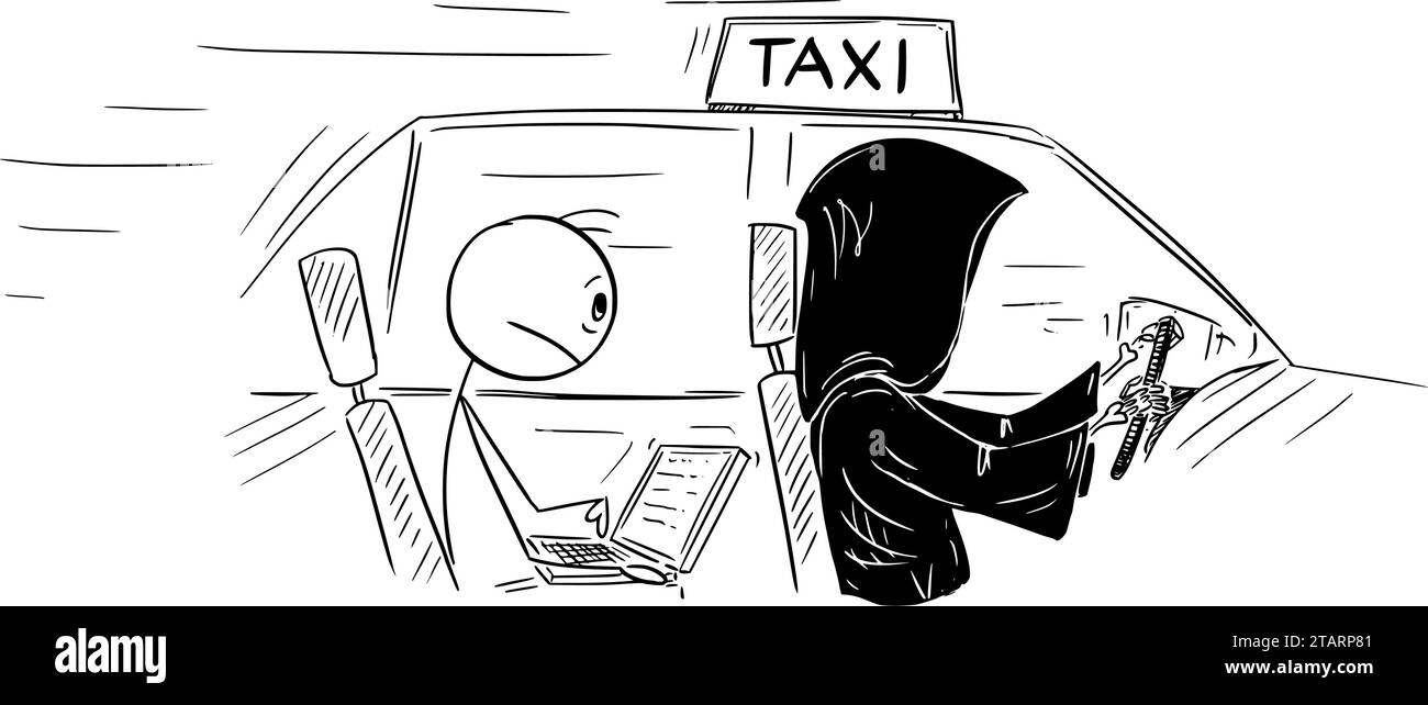 Grim Reaper or Death Driving Cab or Taxi, Vector Cartoon Stick Figure ...
