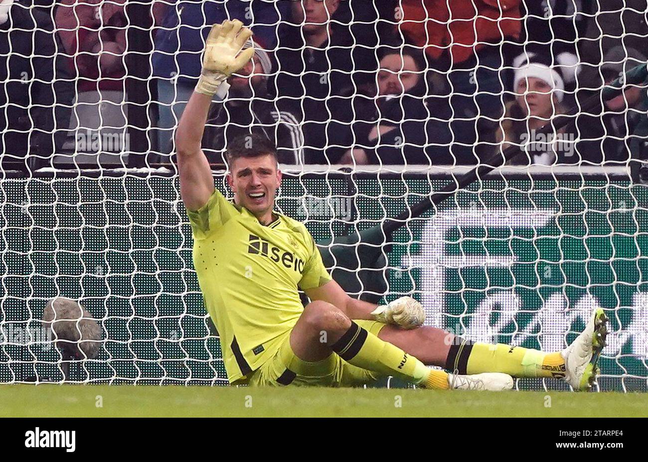 Newcastle United goalkeeper Nick Pope signals to the bench after ...