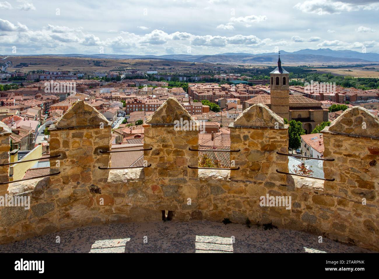 View from the ramparts defences in the Spanish walled city of Avila in ...
