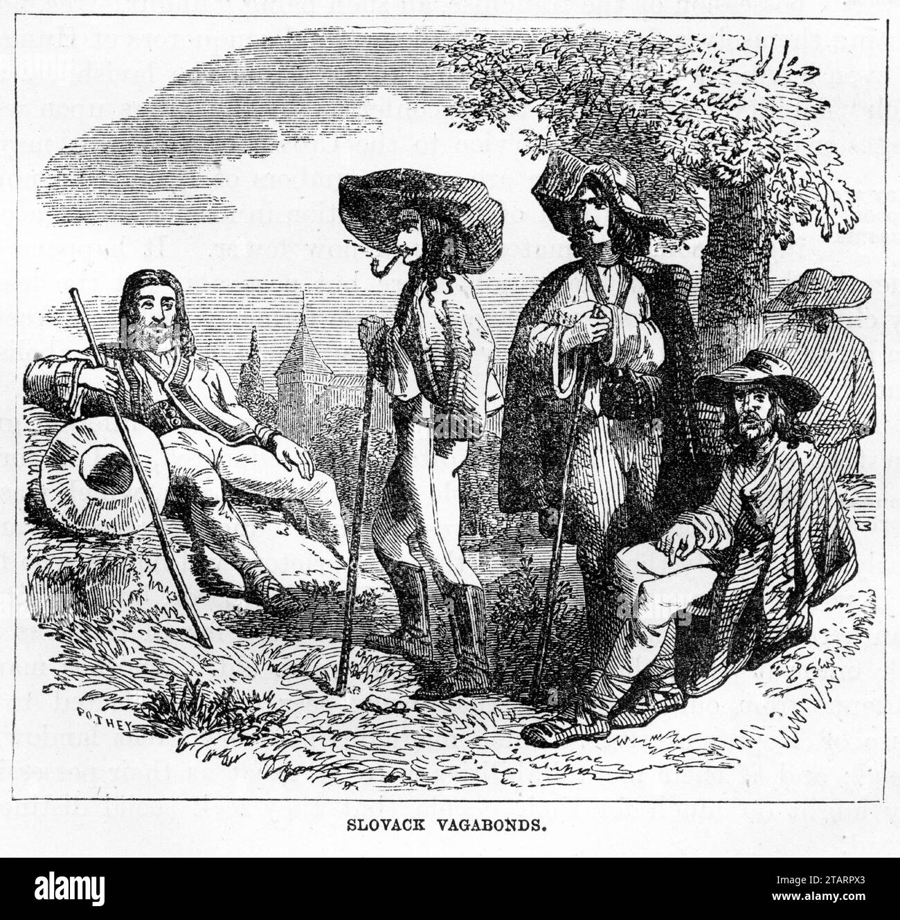 Engraved portrait of Slovack vagabonds in traditional costumes ...