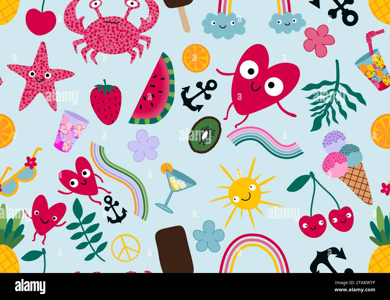 Summer cartoon doodle seamless rainbow and crabs and cherry and ice ...