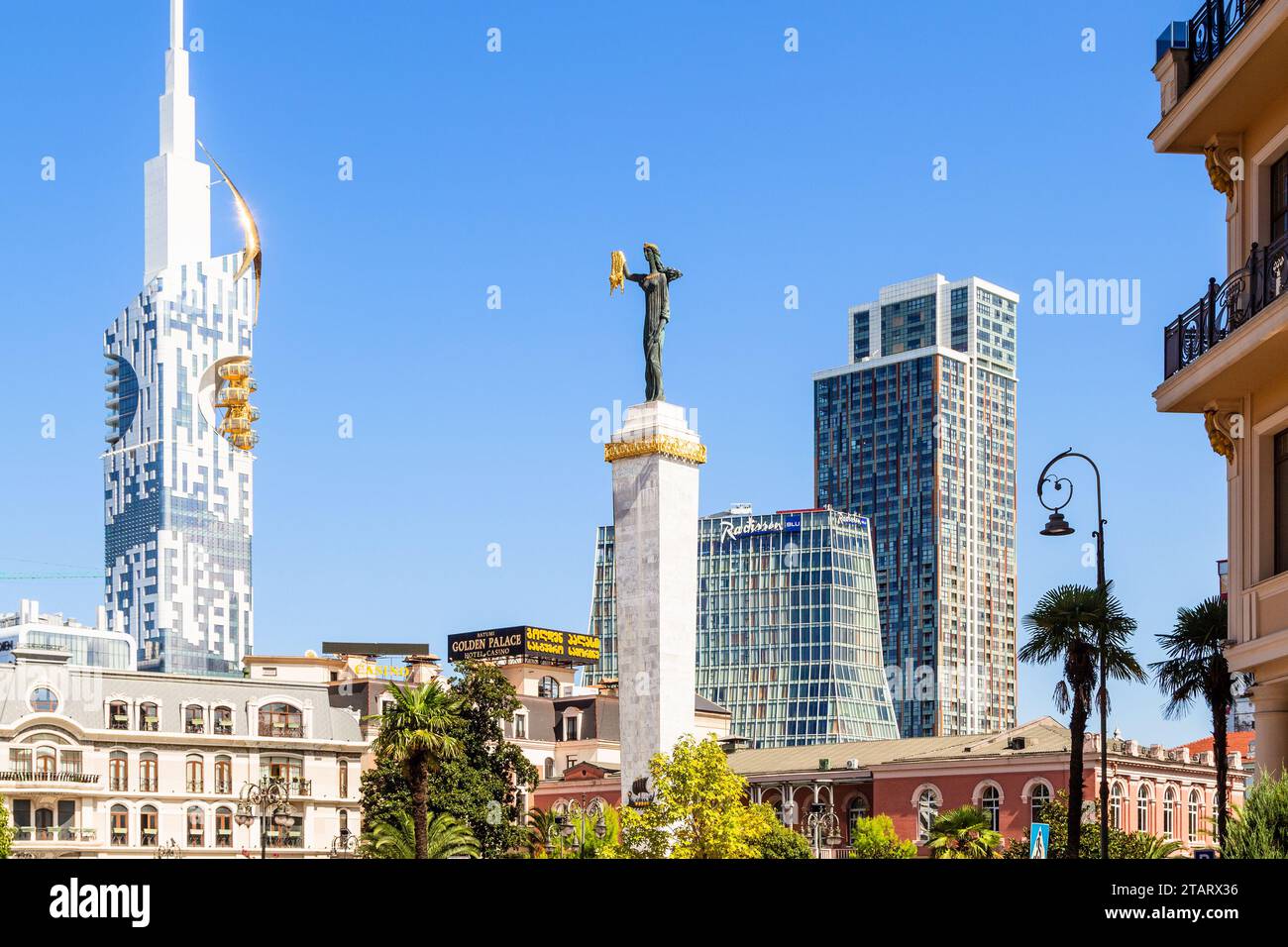 Batumi, Georgia - September 15, 2023: skyscrapers and Medea statue in ...