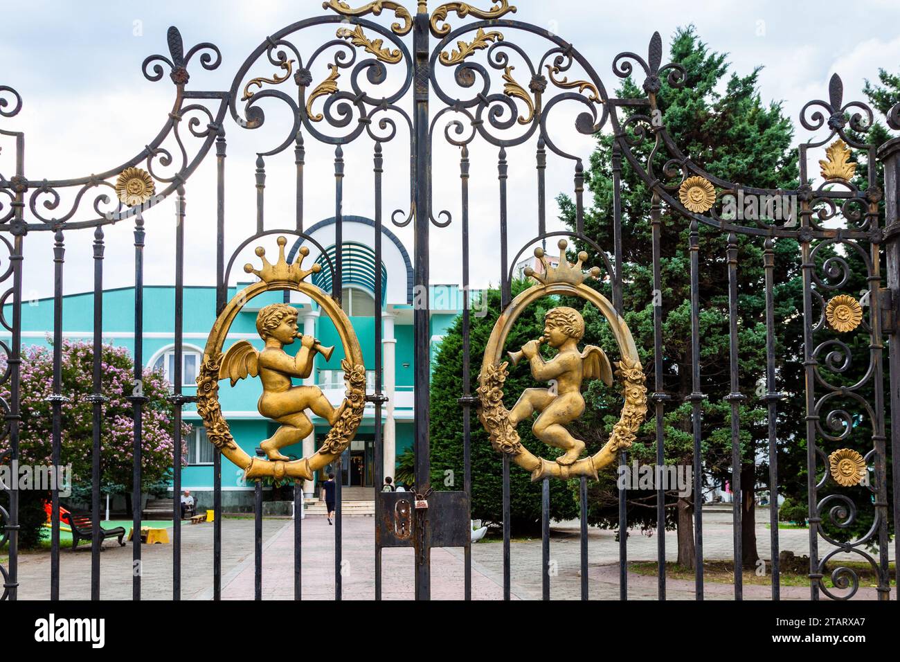 Batumi, Georgia - September 16, 2023: ornamental gate bars with angels ...