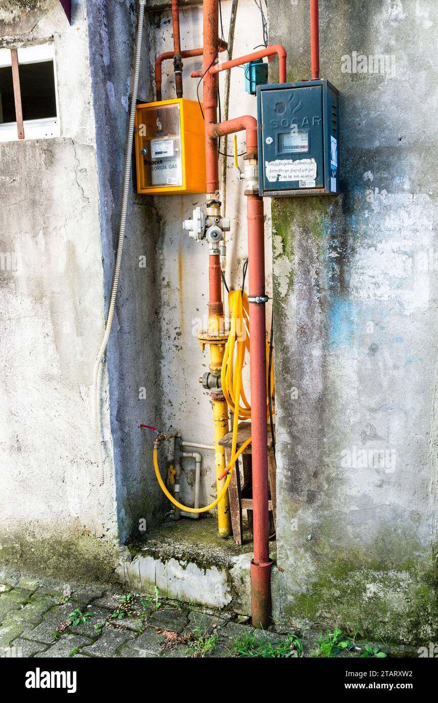 Batumi, Georgia - September 19, 2023: house gas meters and gas pipes on ...