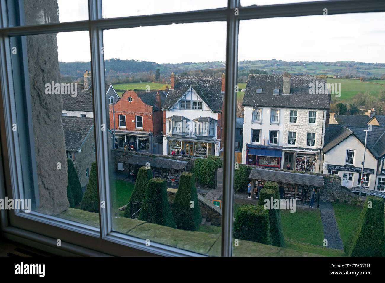 View of the book town town shops and street outside from inside Hay ...