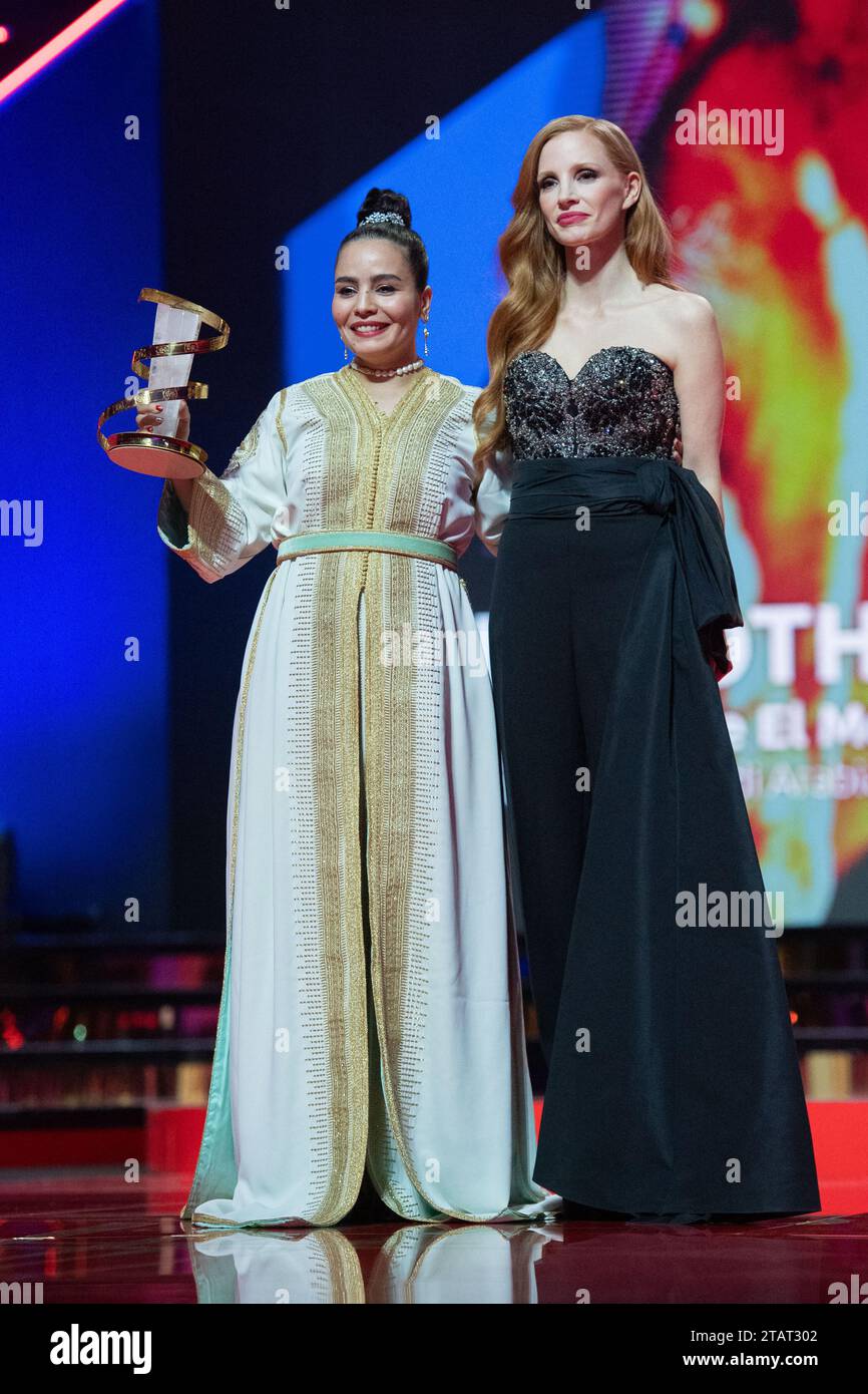 Marrakech, Morocco. 02nd Dec, 2023. Director Asmae El Moudir arrives on stage as she receives ...