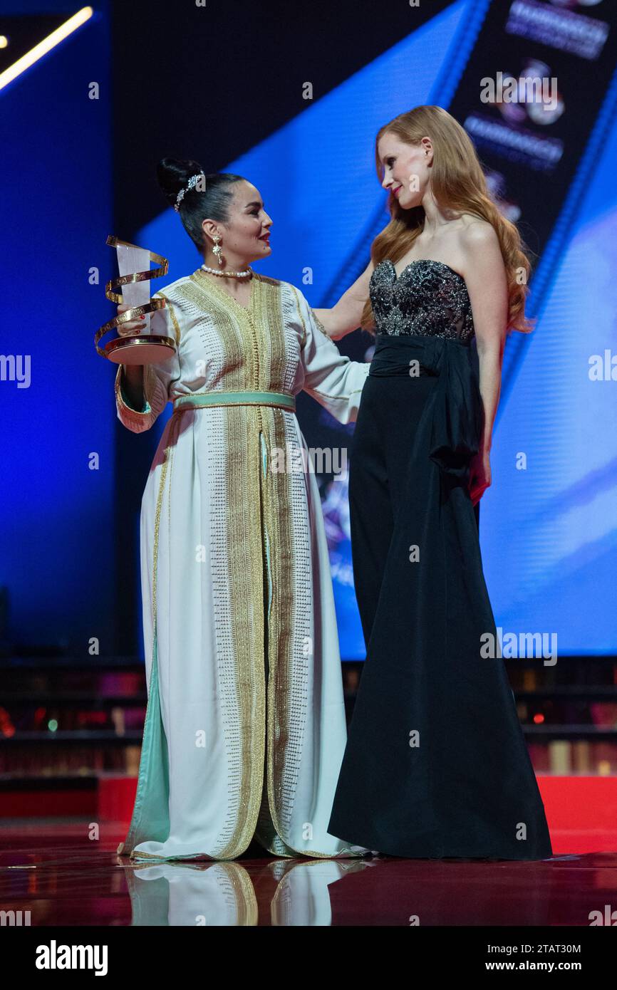 Marrakech, Morocco. 02nd Dec, 2023. Director Asmae El Moudir arrives on stage as she receives ...