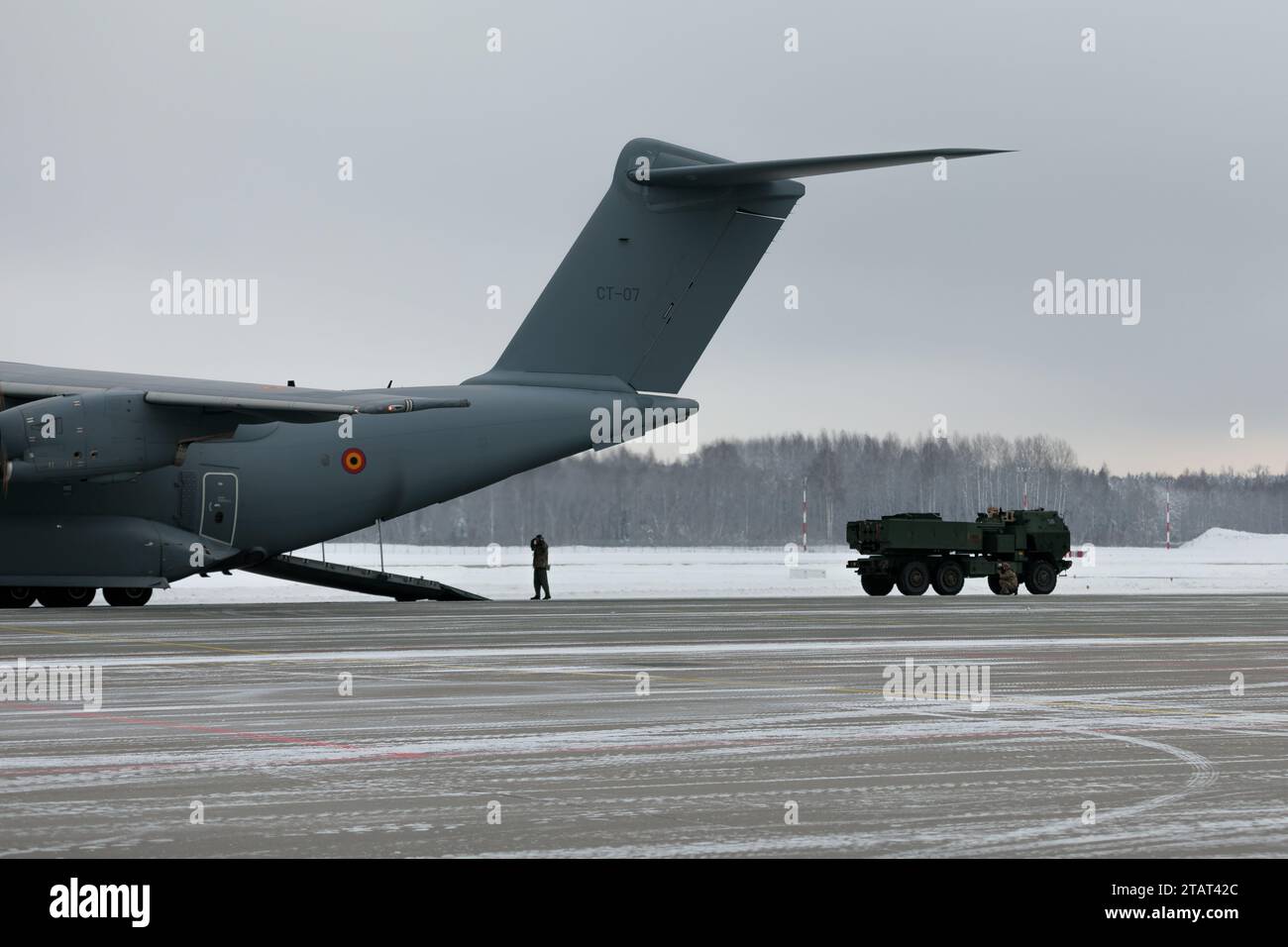 A Belgian Airbus A400M Atlas carrying an M142 High-Mobility Artillery ...