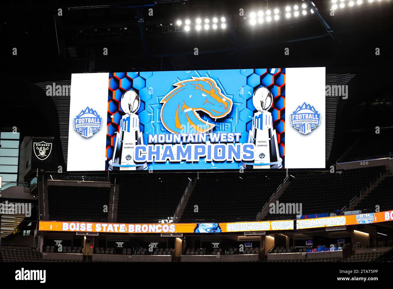 December 02, 2023: The scoreboard displays the Boise State Broncos logo ...