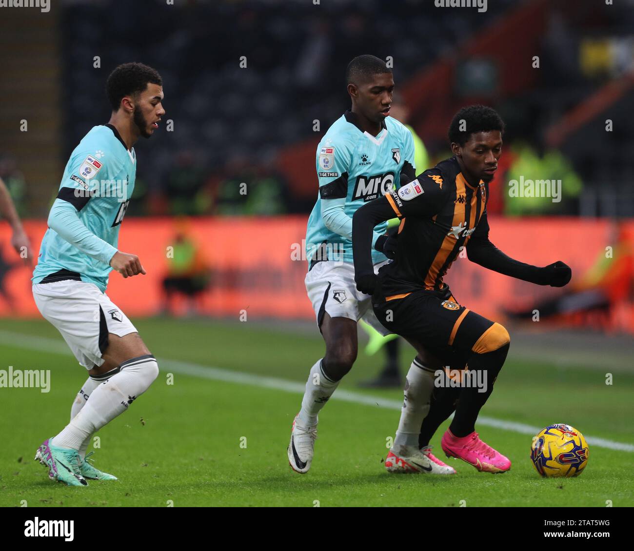 Hull City's Jaden Philogene-Bidace in action with Watford's Yaser ...