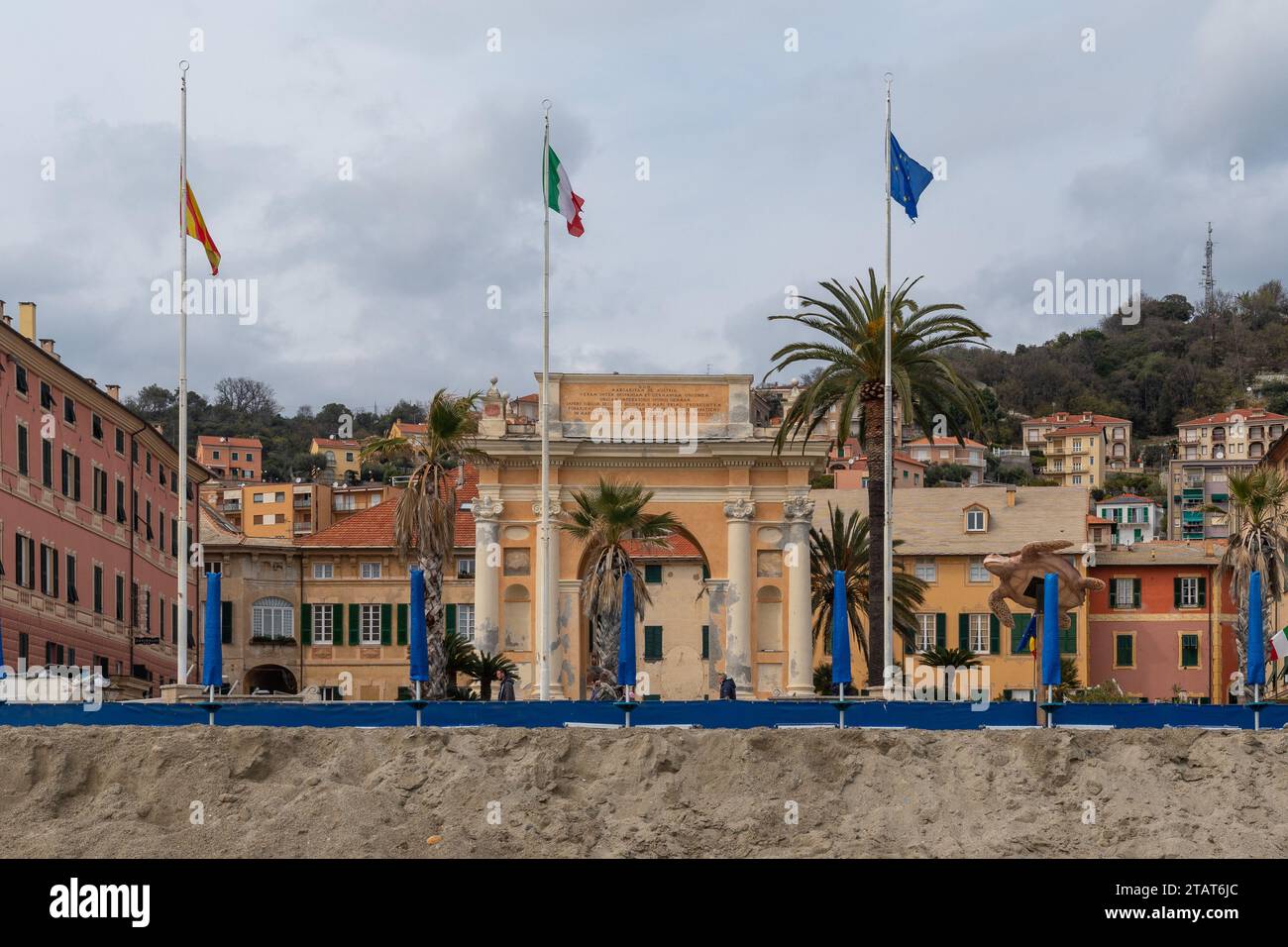 Cityscape from the beach with the Monumental Arch to Margaret of Spain ...