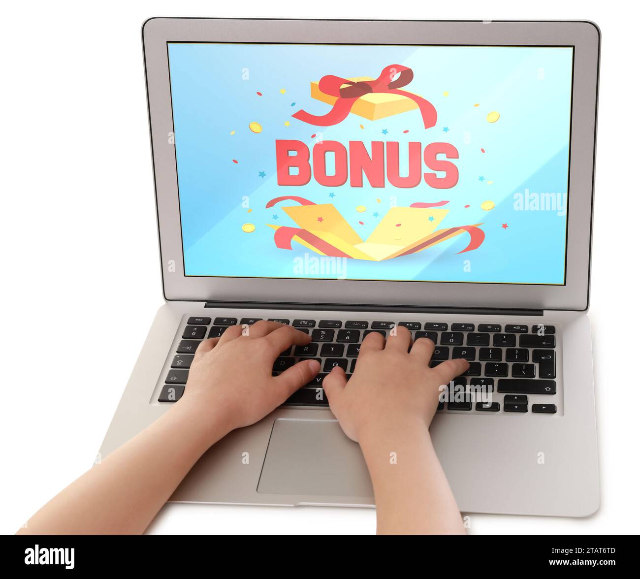 Bonus gaining. Child using laptop on white background, closeup ...