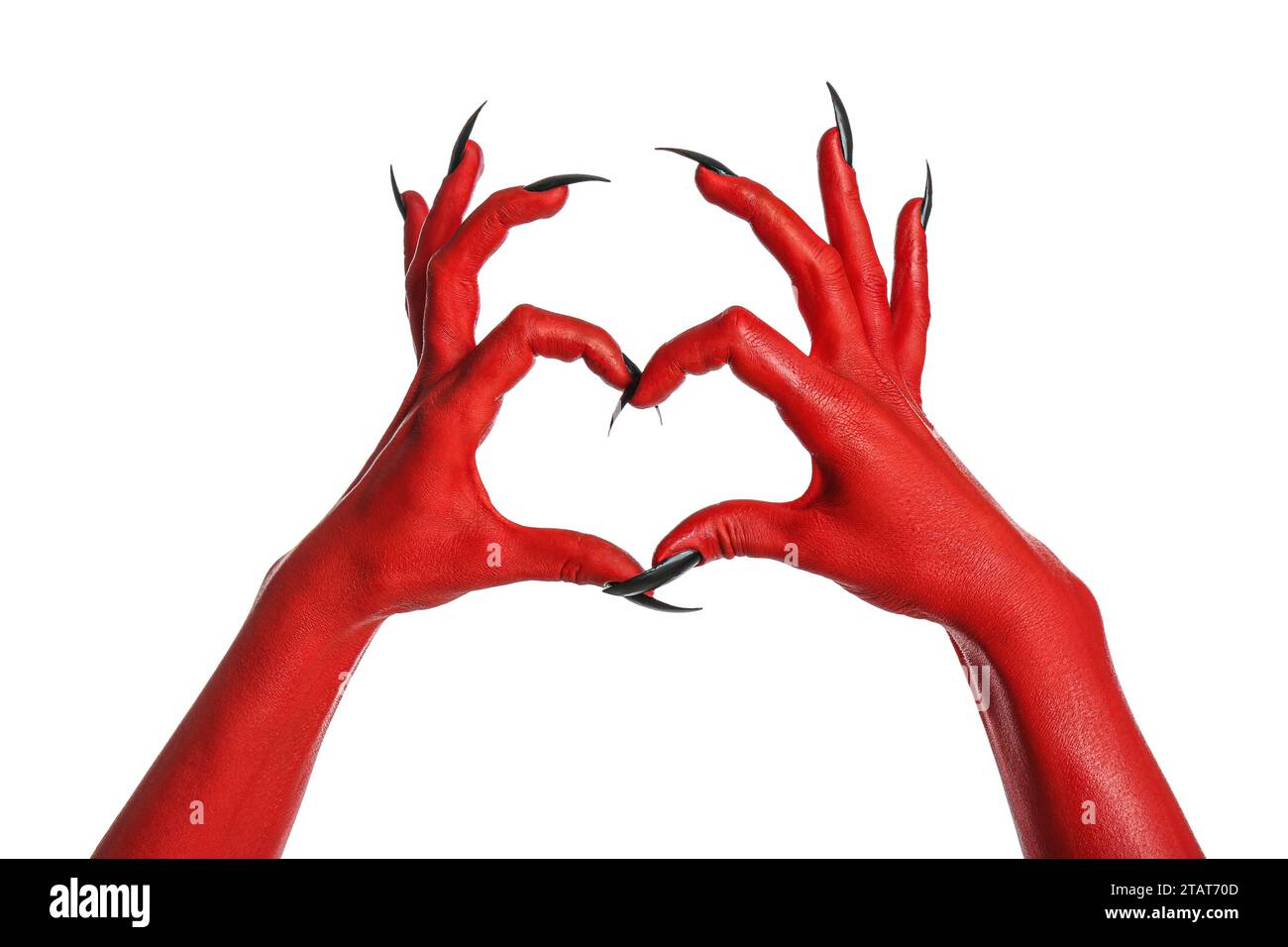 Scary monster making heart gesture on white background, closeup of ...