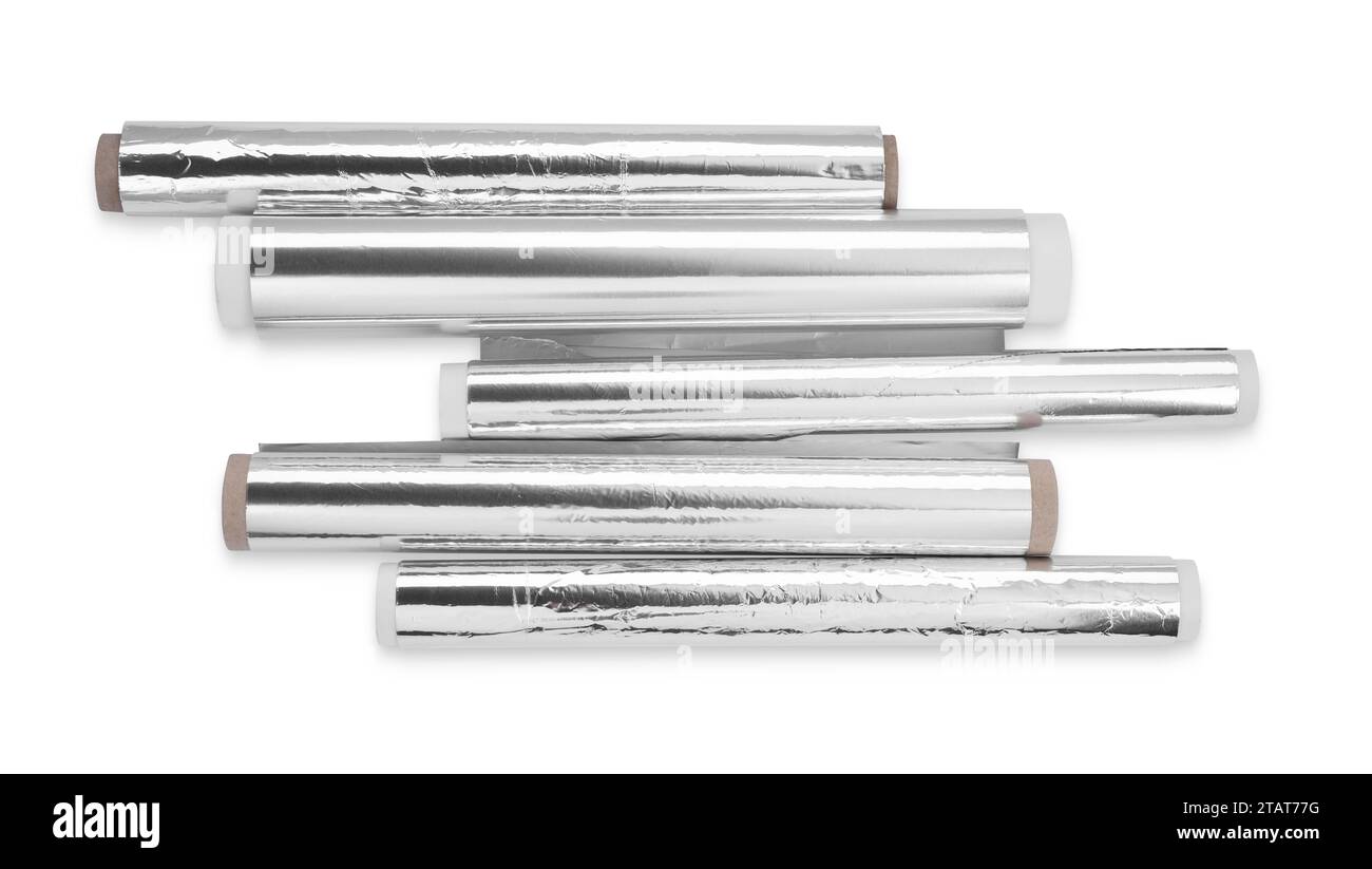 Rolls of aluminum foil isolated on white, top view Stock Photo - Alamy