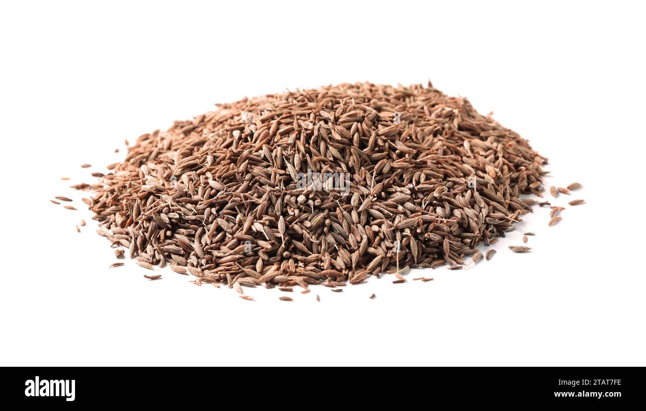 Heap of aromatic caraway (Persian cumin) seeds isolated on white Stock ...