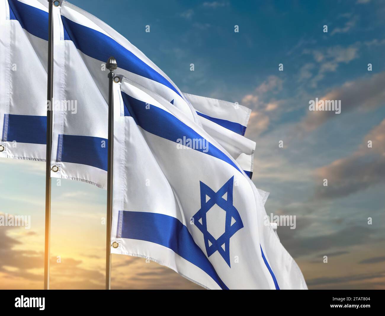 National flags of Israel against blue sky with clouds Stock Photo - Alamy