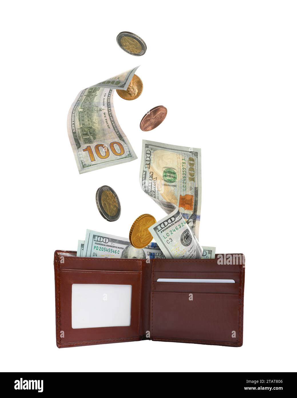 Dollar banknotes and coins falling into purse on white background Stock ...