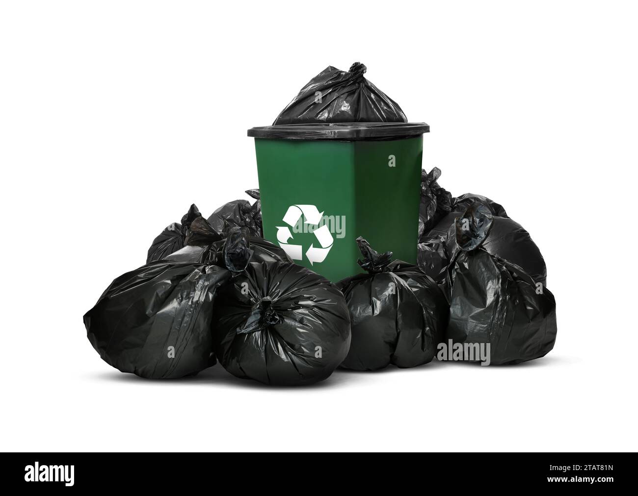 Plastic bags full of garbage and waste bin on white background Stock ...