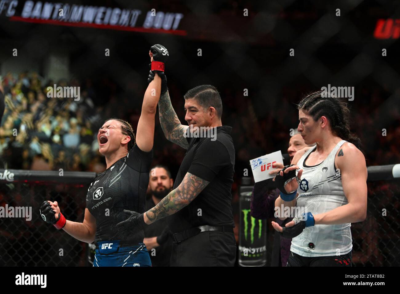 AUSTIN, TX - DECEMBER 02: Miesha Tate (left) yells as she is declared ...