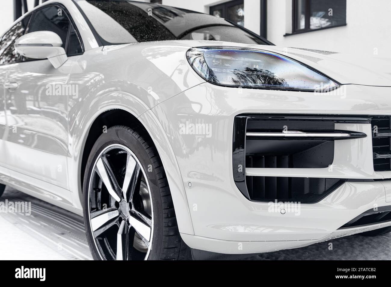 Mock-up, banner for car advertising. White new car SUV, front view ...