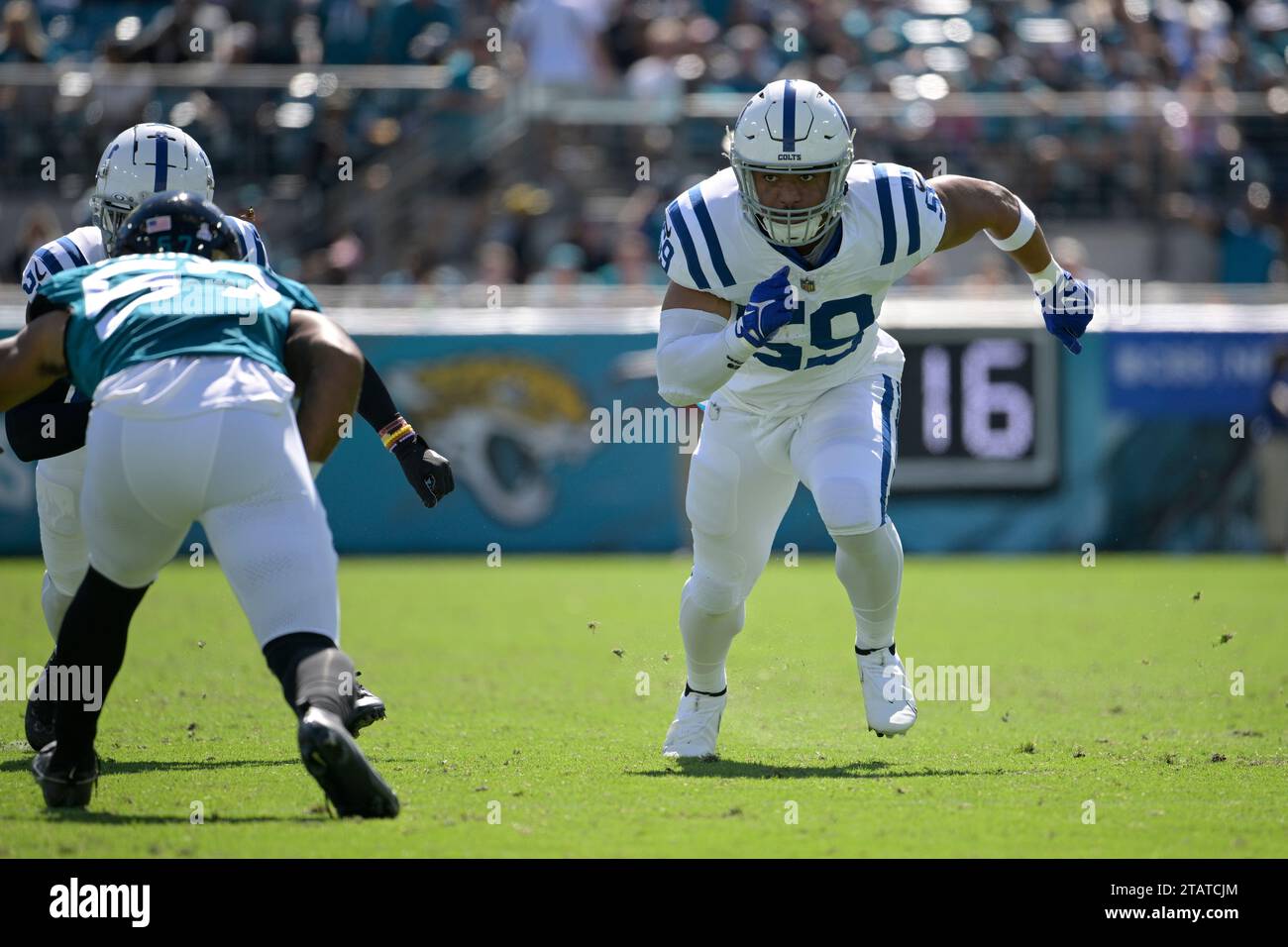 Indianapolis Colts linebacker Cameron McGrone (59) works against ...