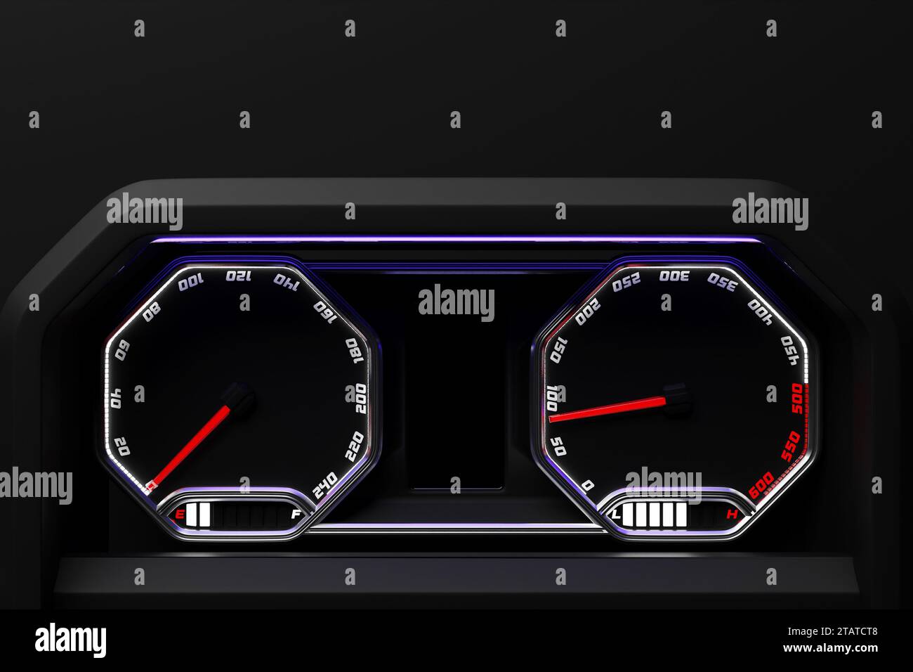 3D illustration of a car dashboard illuminated with bright backlight ...