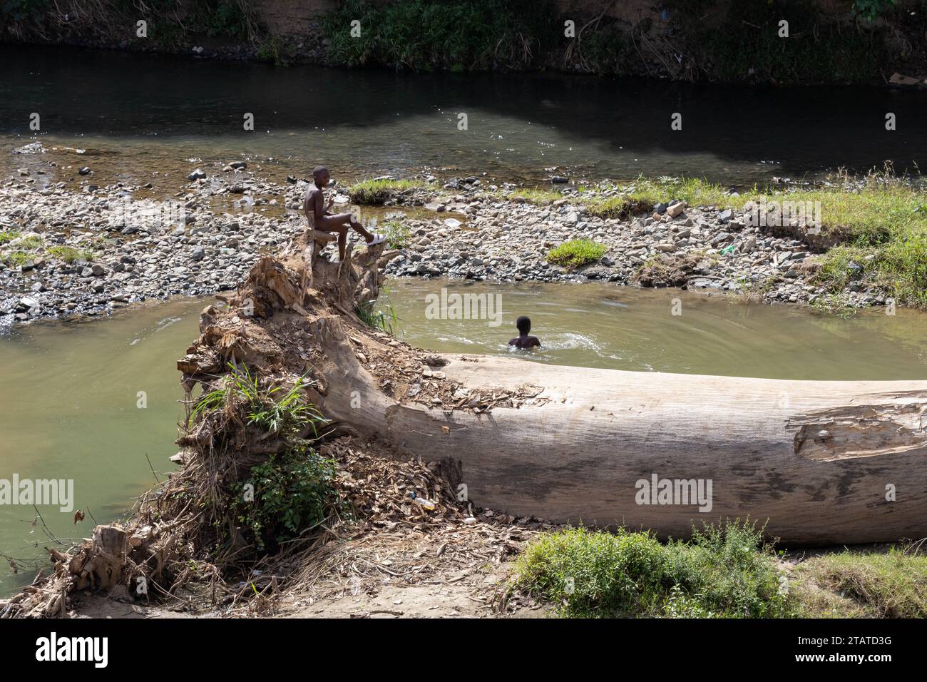 Young Haitian boys swim in the Massacre River, the natural border ...