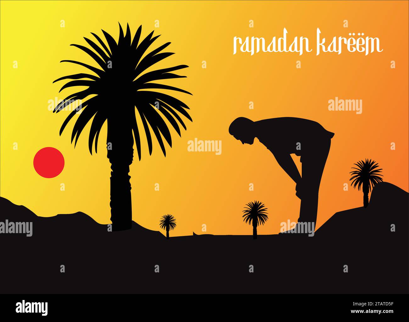 A man silhouettes against a sunset sky as he prays under a palm tree in ...