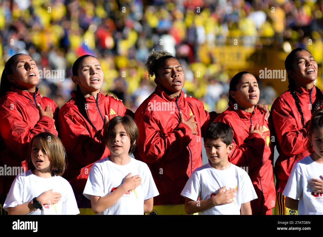 Bogota, Colombia. 02nd Dec, 2023. Colombian Jorelyn Carabali (C) sings ...