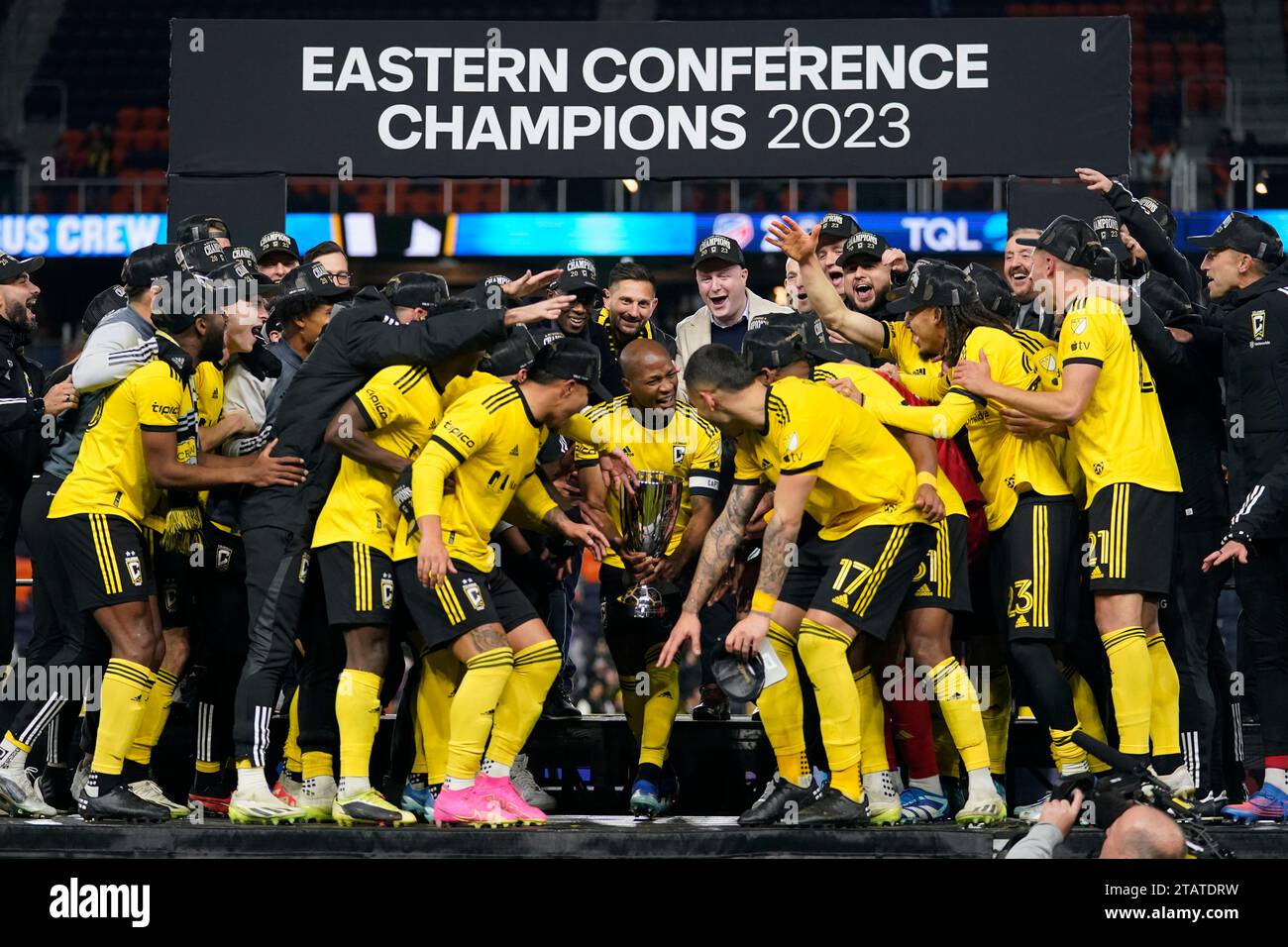 Columbus Crew midfielder Darlington Nagbe (6) holds the trophy as he ...