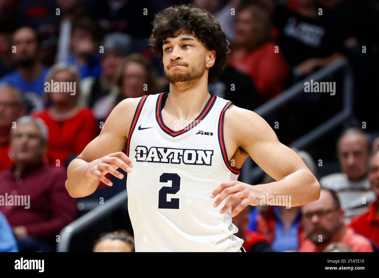 Dayton, USA. 02nd Dec, 2023. Nate Santos (2) reacts after a three point ...