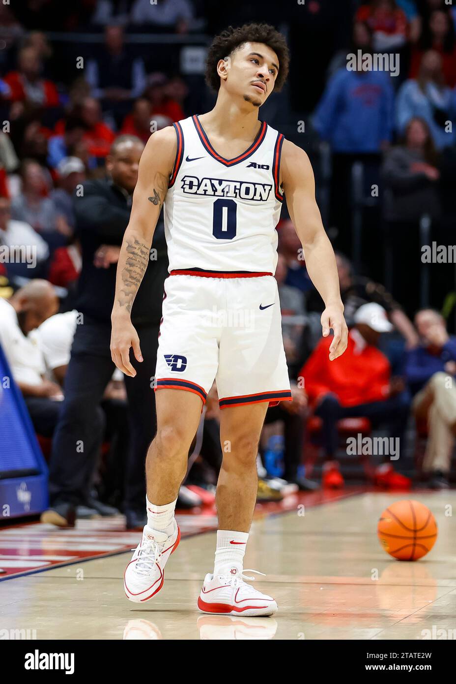 Dayton, USA. 02nd Dec, 2023. Javon Bennett (0) reacts to a foul called ...