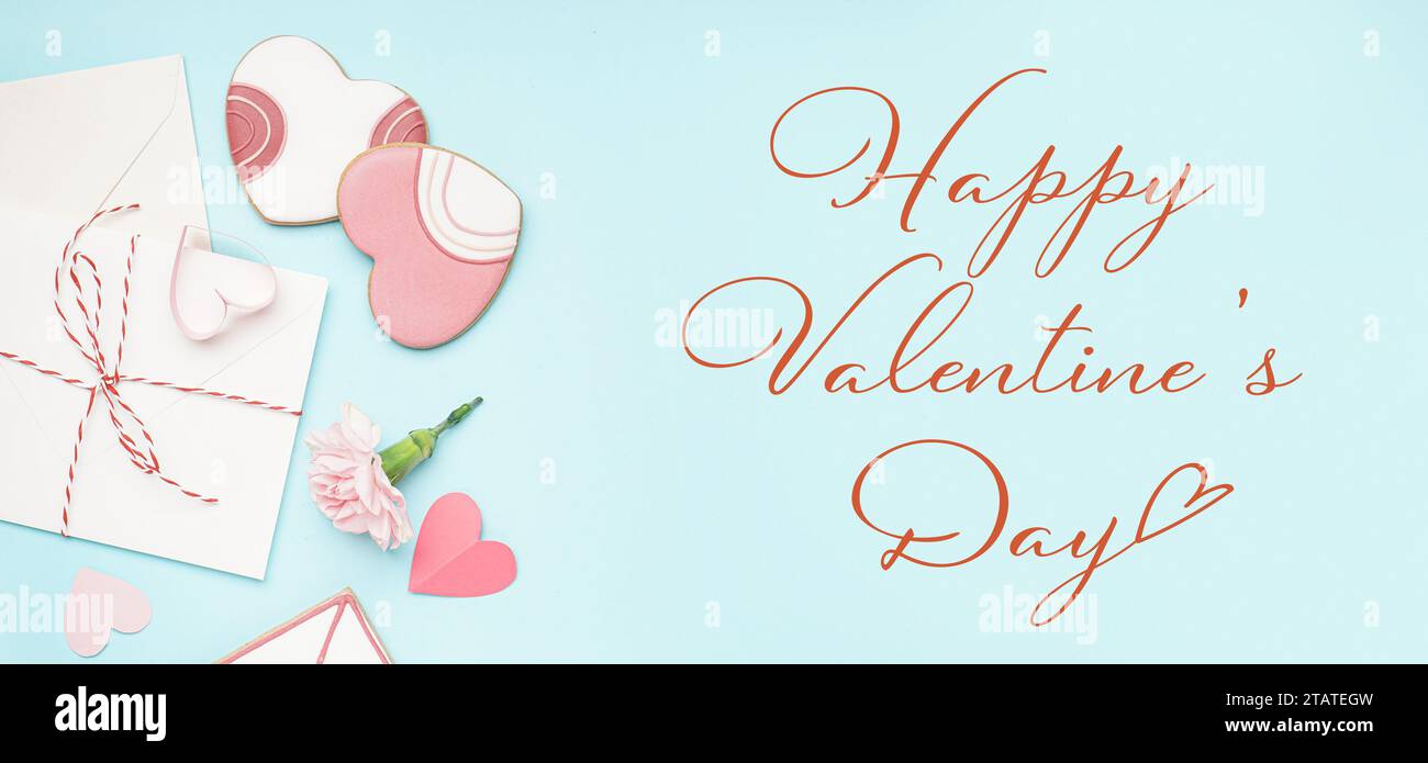 Greeting banner for Valentine's Day with sweet cookies, flower and ...