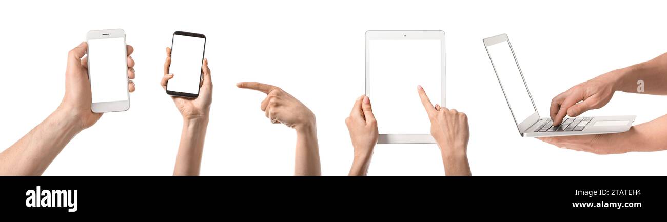 Collage of hands with modern devices on white background Stock Photo ...