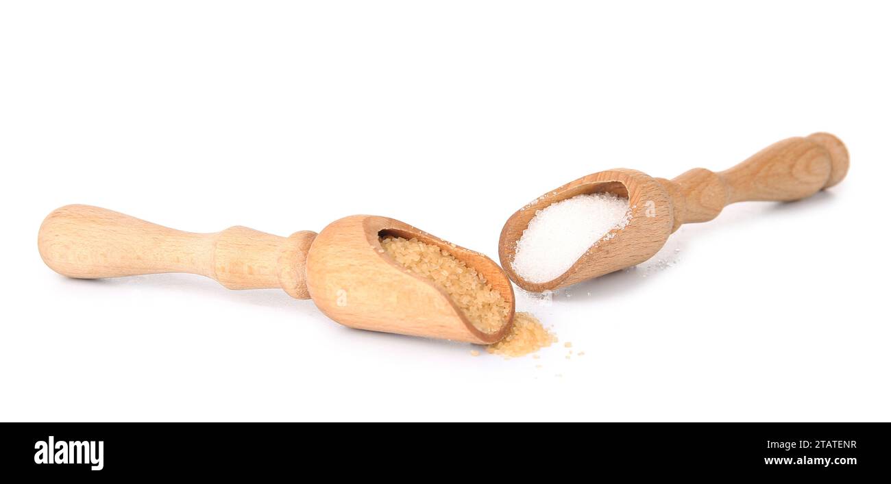 Scoops with different types of sugar on white background Stock Photo ...