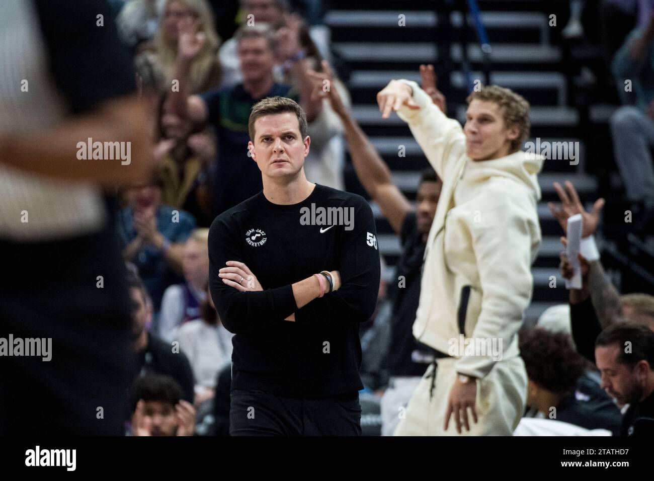 Utah Jazz coach Will Hardy walks along the sideline after a Jazz basket ...