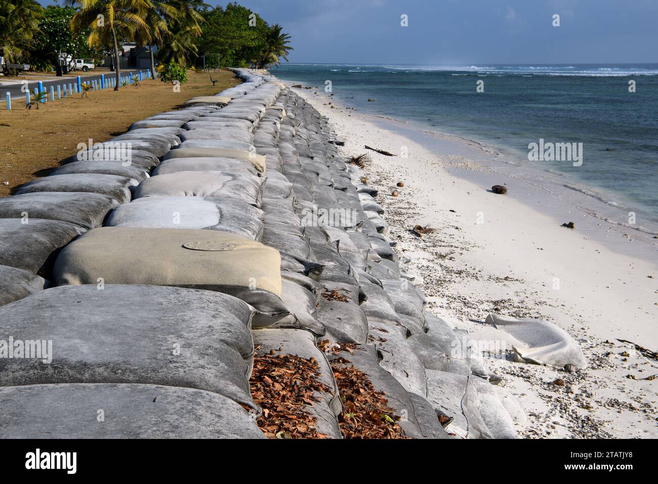 Sandbag seawalls are seen along the coastline of Home Island, in Cocos ...