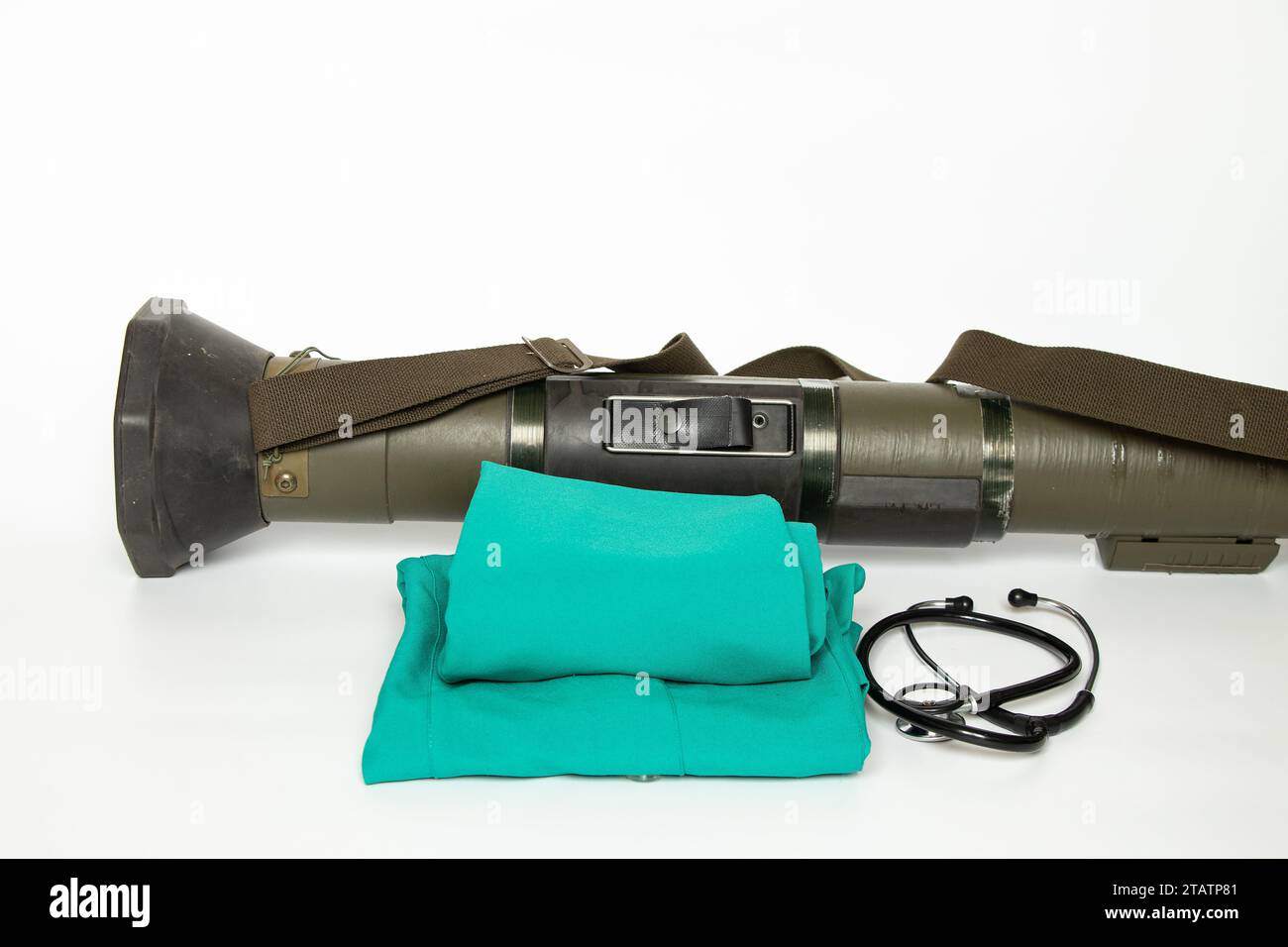 An anti-tank grenade launcher, used in the war in Ukraine, on a white ...